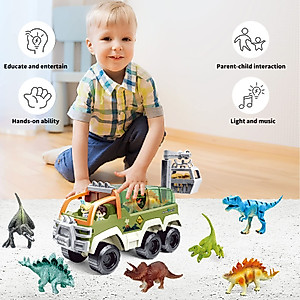 Happytime Dinosaur Transport Truck Toy Car Carrier Toy Vehicle Car Dinosaur Playset for 3,4,5,6 Year Toddlers Kids Boys with Sound & Light