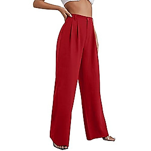 SweatyRocks Women's Casual Wide Leg High Waisted Botton Down Straight Long Trousers Pants Red L
