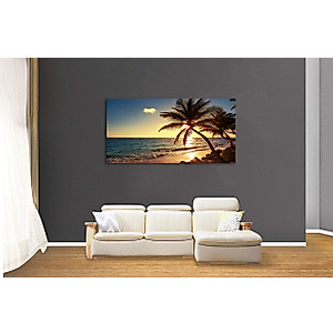 Muolunna S04975 Wall Art Decor Large Canvas Print Picture Sunset Ocean Beach Waves 1 Panel Coconut tree Scenery Painting Artwork for Office Home Decoration Stretched and Framed Ready to Hang XLarge