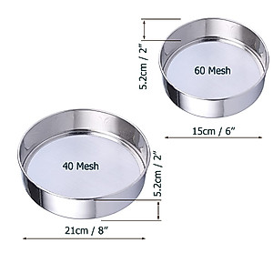 Sieve Fine Mesh, Stainless Steel Round Sifter for Baking, Flour Sieve, 8 Inch 40 Mesh and 6 Inch 60 Mesh, 2PCS