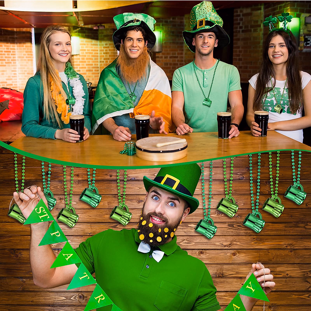 Kathfly 50 Pcs St Patrick's Day Beads Necklace with Shot Glasses Beer Mug St Patrick's Day Mini Beer Mugs Necklace Accessories for Irish Gifts Party Supplies Costume, Metallic Green, Light Green