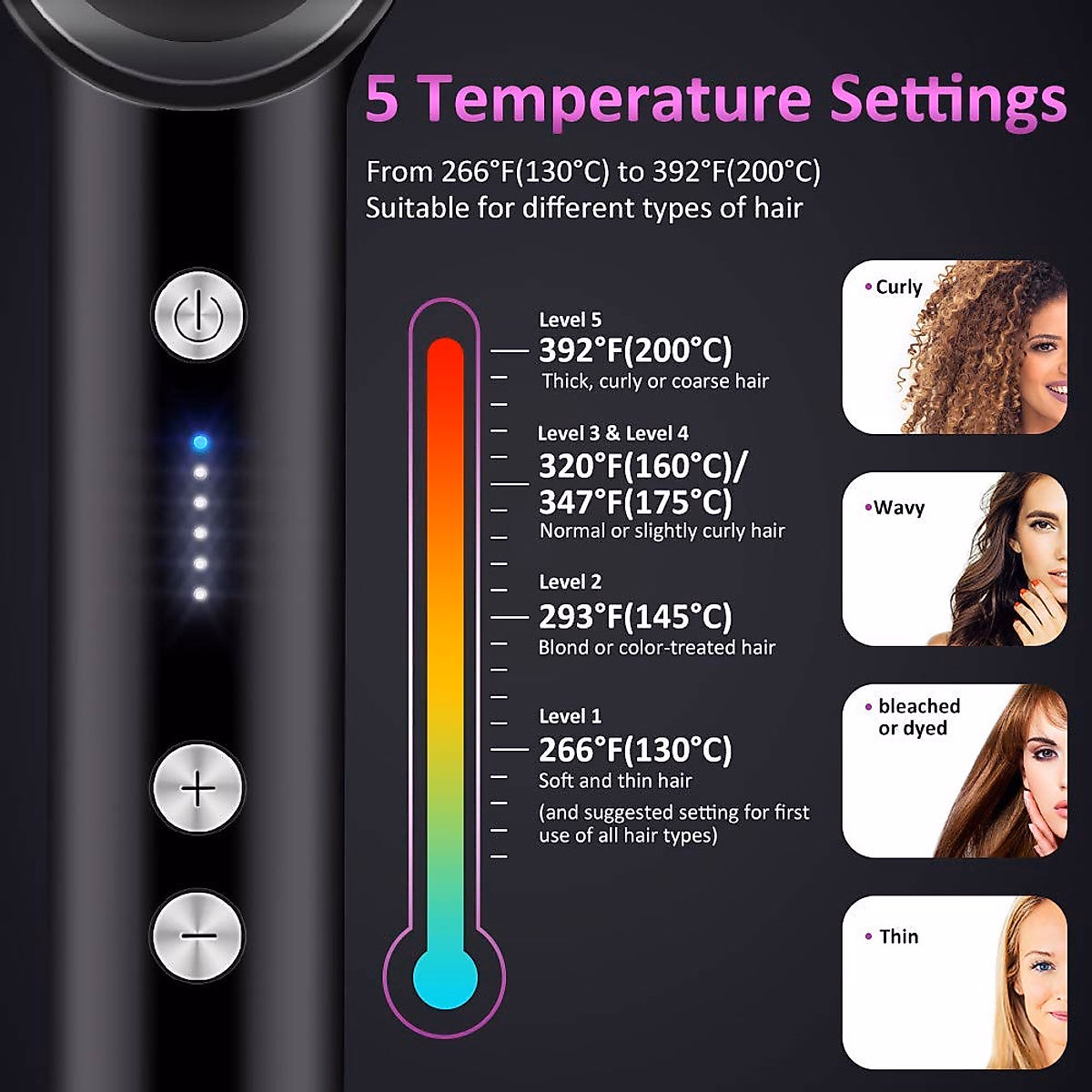 Padcist Hair Straightening Brush, Heat Brush, Hair Straightener, Hot Brush, Portable Straightening Comb, Hair Straightener for Natural and Color-treated Hair, 5 Temperature Settings with Burn-proof