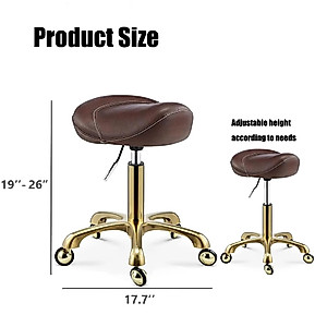 Hydraulic Saddle Stool with Wheels，Industrial Stool with Gold Frame Yellow PU Synthetic Leather Seat，Adjustable Height 40-66 cm，Supported Weight 160 Kg，Mechanic Stoolfor Hairdressing Manicure Tattoo