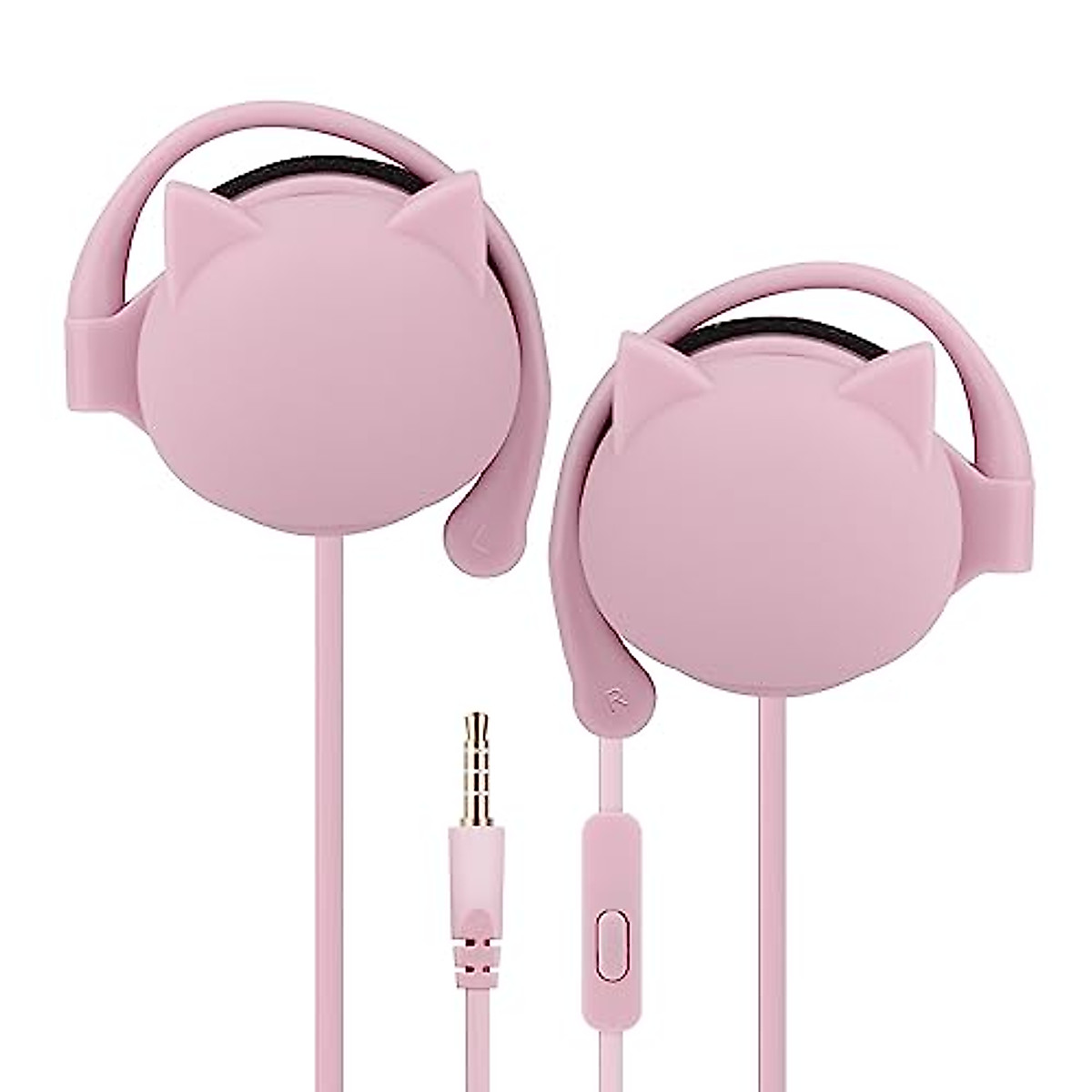 QearFun Kitty Earbuds for Kids with Ear Hooks, Kawakii Wired Over Ear Headphones Earphones Gifts for School Girls and Boys with Microphone & Ear Loops(Pink)