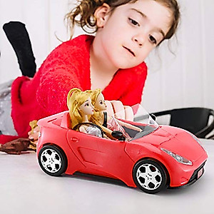 Convertible Car for Dolls, Glittering Deep Red Convertible Doll Vehicle with Working Seat Belts Ideal Gift Increase Children's Fun