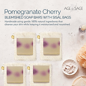 Age of Sage Natural Soap Bar w/ Sisal Bag, Vegan Artisan Soap Bar Set for Women, Body Soap in Bar Soap Pouch, Natural Bath Soaps w/ Essential Oils, 4 Plain Body Soap Bars, Pomegranate Cherry