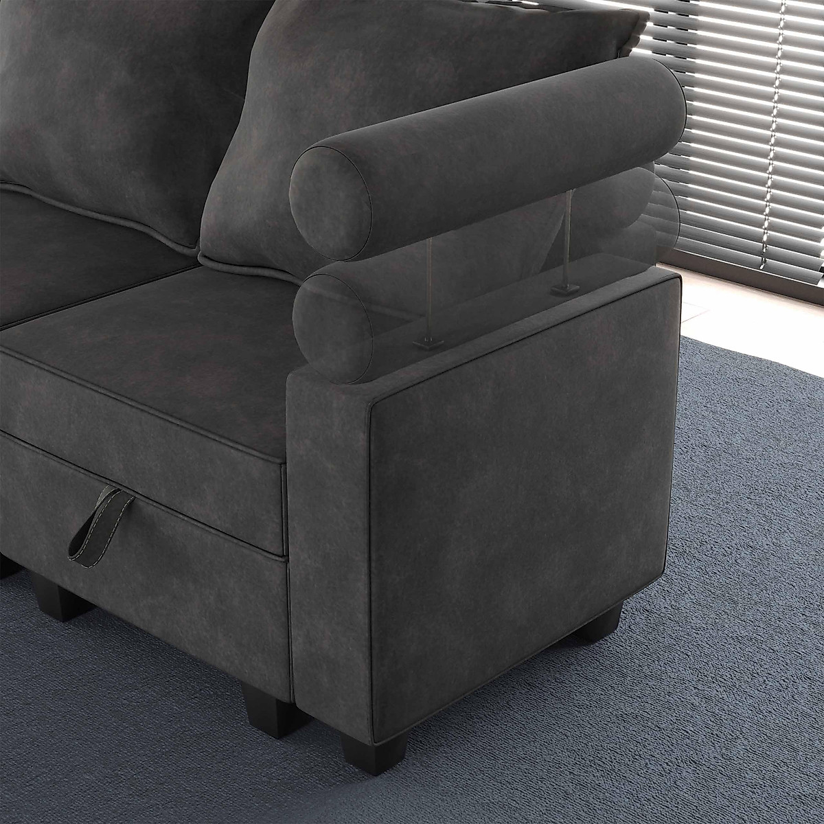 Tbfit Modular Sectional Sofa with Storage Ottoman, Convertible Oversized Couch with Reversible Chaises, Sleeper Sofa with Adjustable Arm for Living Room, 7 Seated, Dark Grey