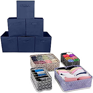 EZOWARE Bundle Kit 6 Pcs Denim Blue Collapsible Fabric Cube Storage Bin Baskets + 4 Closet Wardrobe Dresser Drawer Organizer Divider For Organizing Nursery Baby Clothes