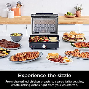 Ninja GR101 Sizzle Smokeless Indoor Grill & Griddle, 14'' Interchangeable Nonstick Grill and Griddle Plates, Dishwasher-Safe Removable Mesh Lid, 500F Max Heat, Even Edge-to-Edge Cooking, Grey/Silver