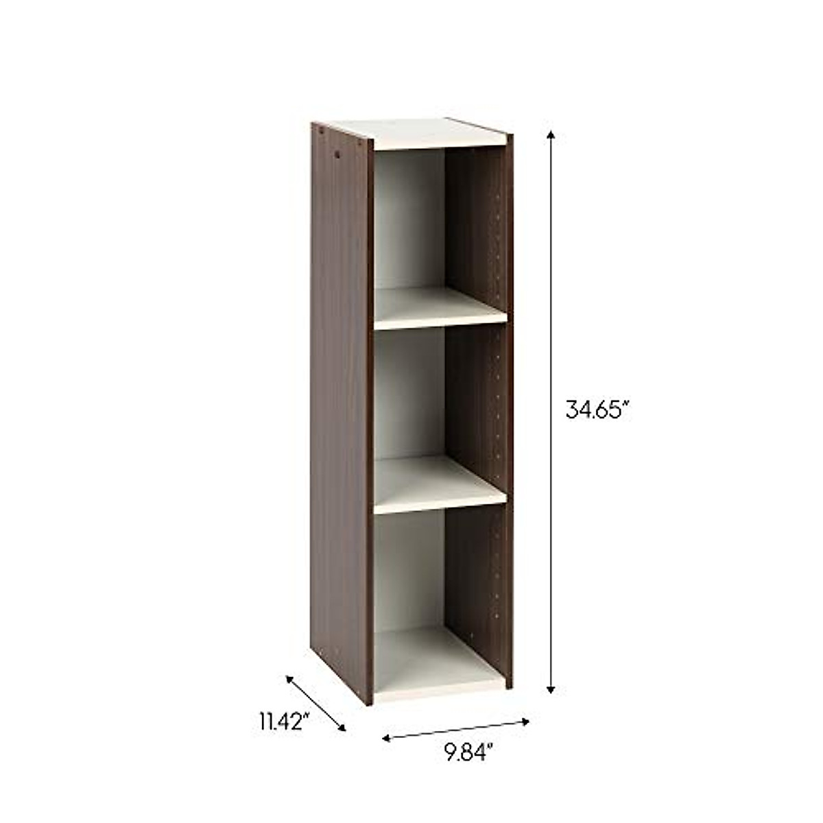 IRIS USA 3-Tier Cubby Storage Bookshelf with Adjustable Shelves, 10" Width Stackable Easy Assembly Space Saving Shelving Unit Bookcase, Walnut Brown/White