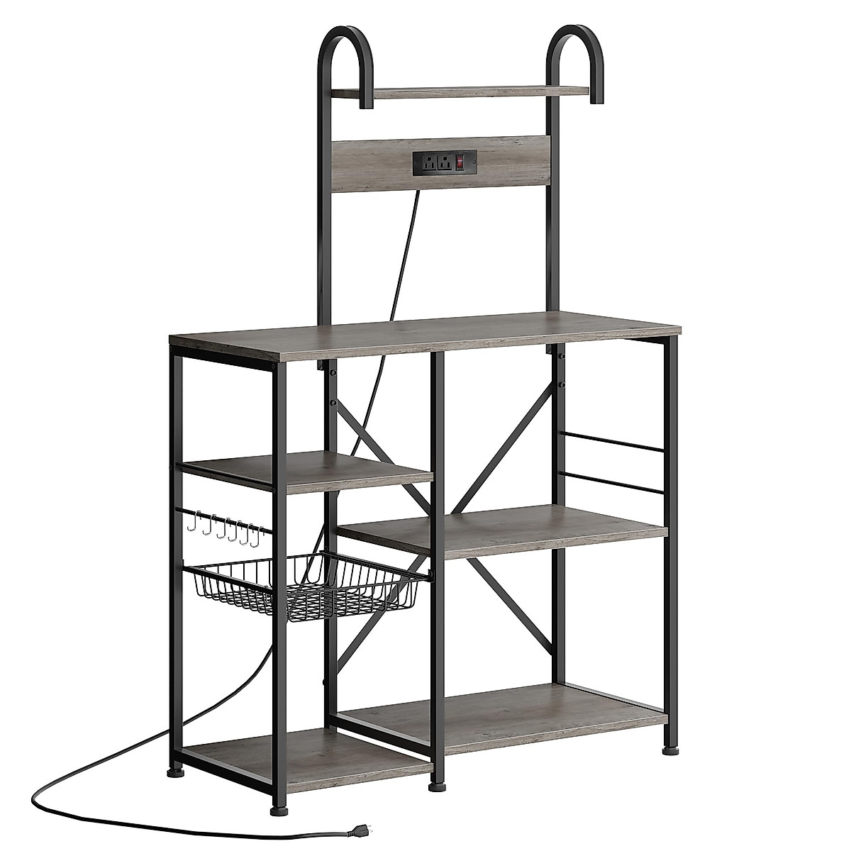 JAMFLY Bakers Rack with Power Outlet, Microwave Stand, kitchen Storage Shelf with 6 Hooks, Coffee Bar Station with Wire Basket, 6 Tier Kitchen Rack for Living Room, Spice, Pots and Pans Organizer
