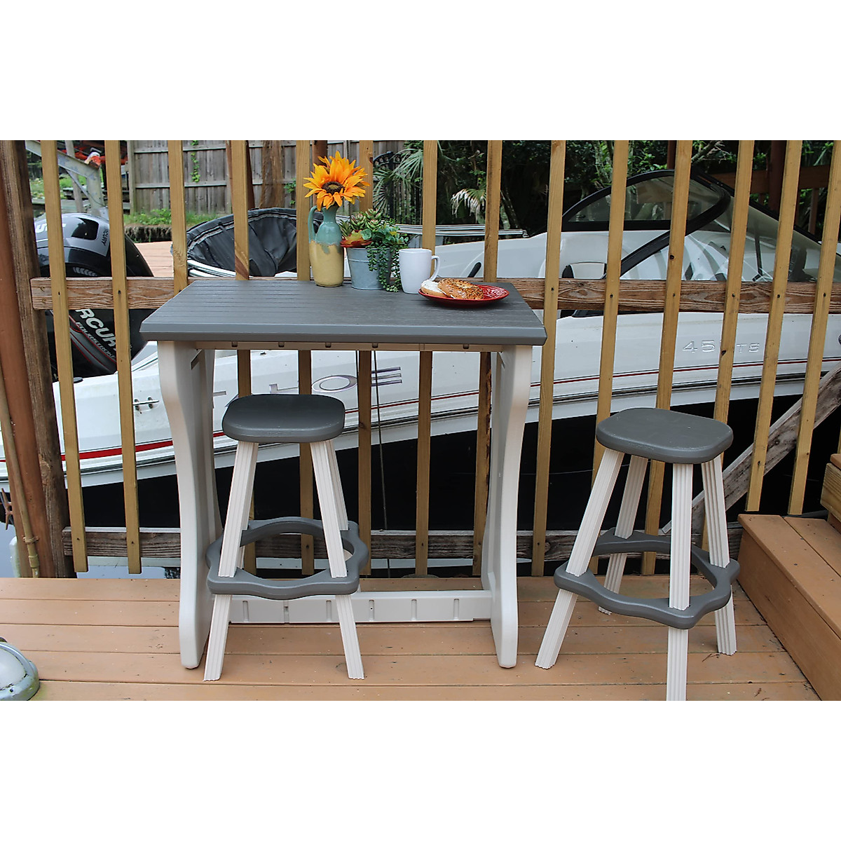 Leisure Accents Double Bar Set Includes 2 Barstools Deep Grey Top & Warm Grey Base Ideal for Patio Hot Tub Area Backyard Durable WeatherResistant Design Easy Nohardware Assembly Proudly Made in USA