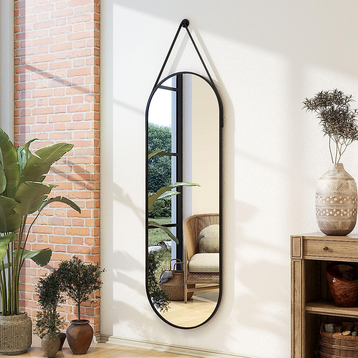 XRAMFY 16''x48'' Full Length Mirror with Hanging Leather Cord,Modern Aluminum Frame Full Body Hanging Mirror for Bathroom Vanity Living Room Bedroom Entrance