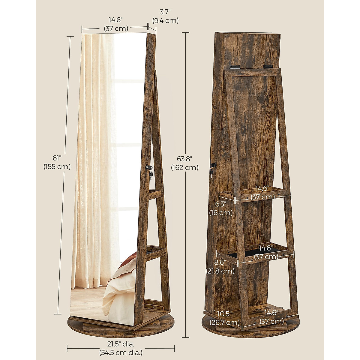 SONGMICS 6 LEDs Lockable Mirror Jewelry Cabinet, 360°Swivel Jewelry Organizer, Standing Jewelry Armoire, Frameless Full-Length Mirror, 3 Storage Shelves, Rustic Brown Surface, Black Lining UJJC007X01