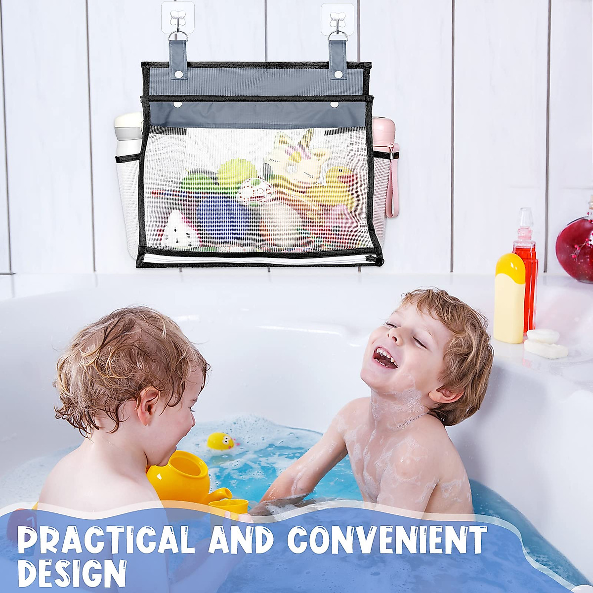 Shappy 2 Pieces Bath Toy Organizer Baby Bathtub Extra Large Opening Toys Mesh Multiple Ways to Hang Holder Bottom Zipper Storage Bag with 4 Adhesive Hooks (Gray)