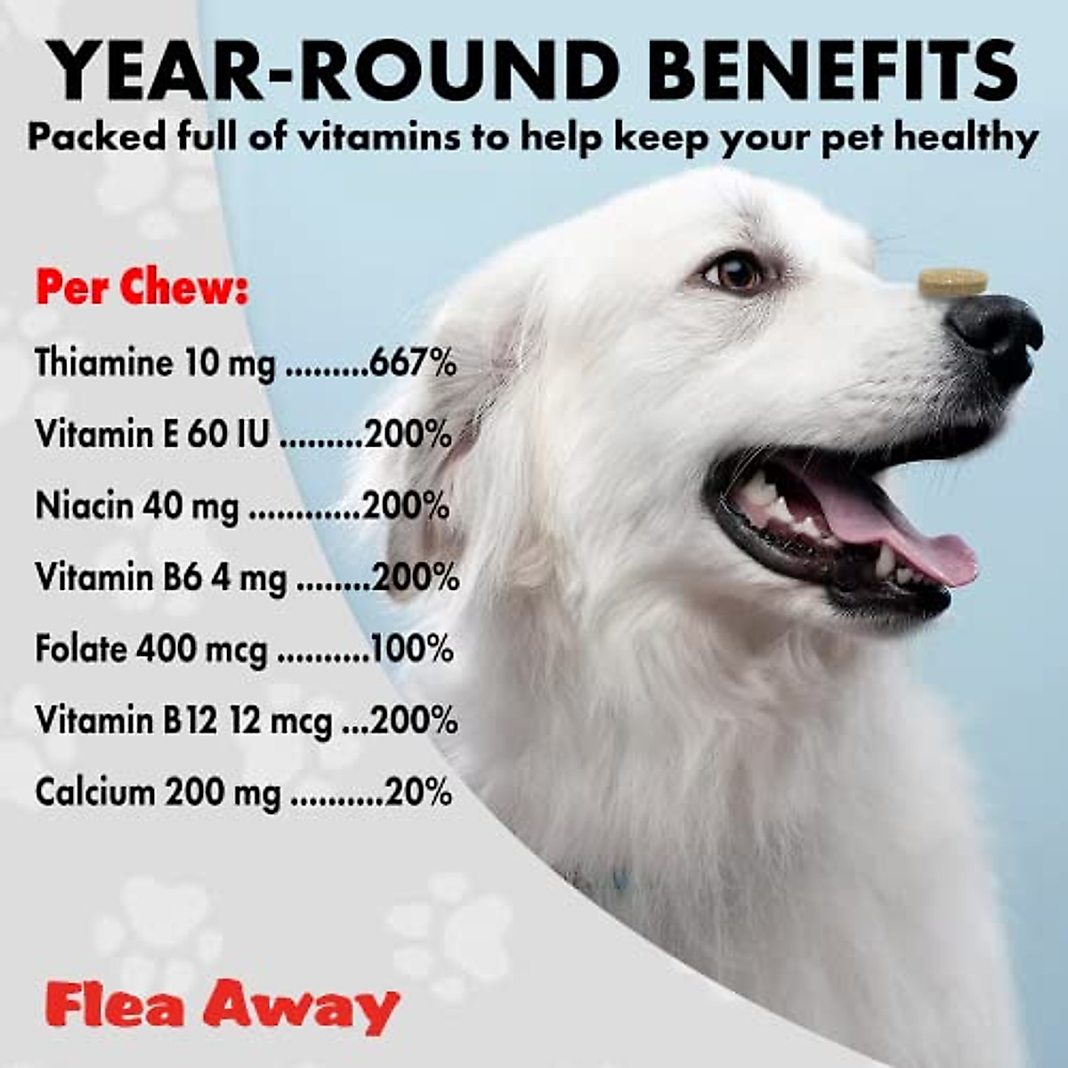 Flea Away All Natural Supplement for Fleas, Ticks, and Mosquitos Prevention for Dogs and Cats, 100 Chewable Treat Tablets, Single