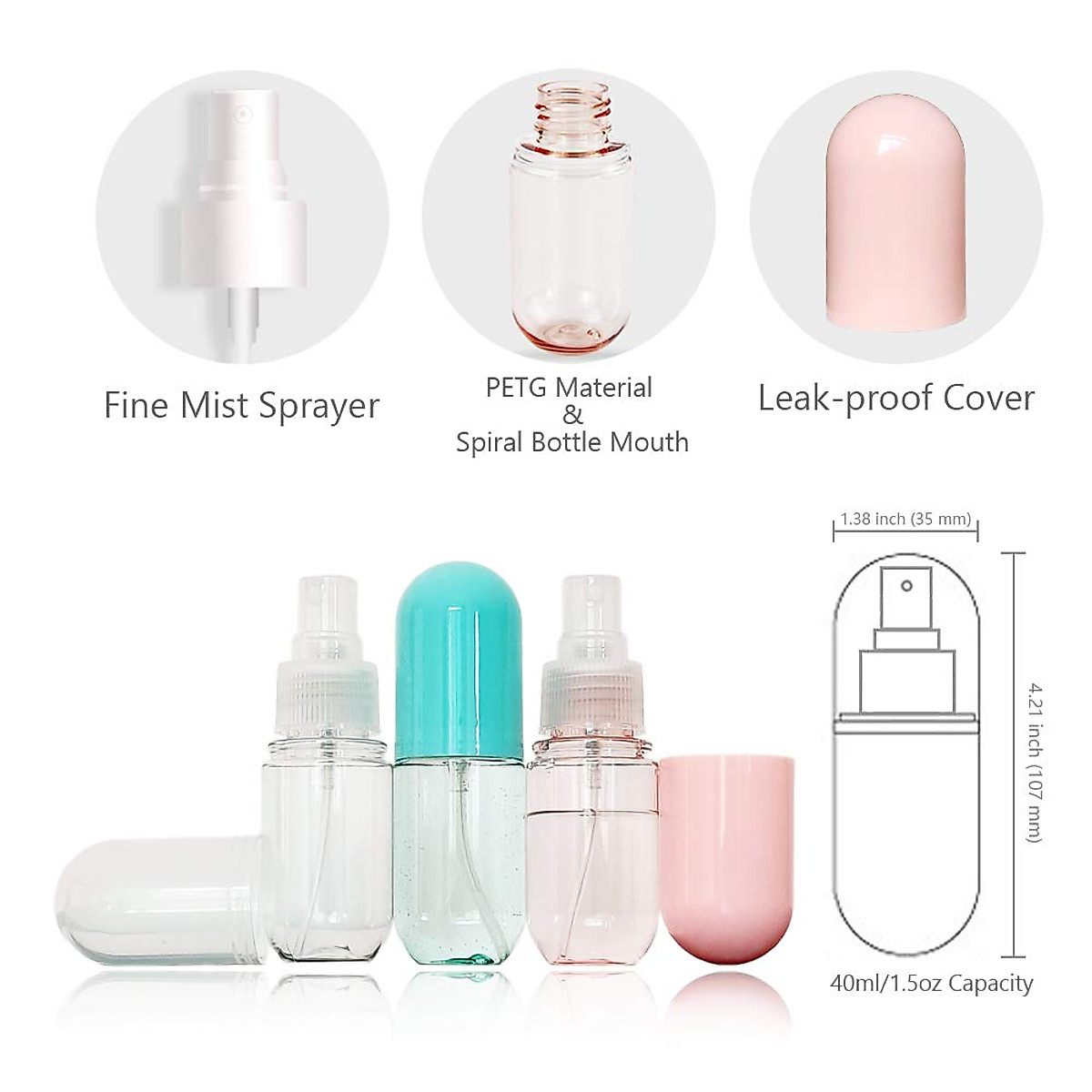 SMARTOWN 3 Pcs 1.5oz/40ml Fine Mist Spray Bottle for Travel and Home, Empty Mini Portable Cosmetic Atomizer, Small Refillable Liquid Containers for Alcohol, Hand Sanitizer, Perfume (3 Colors Pack)