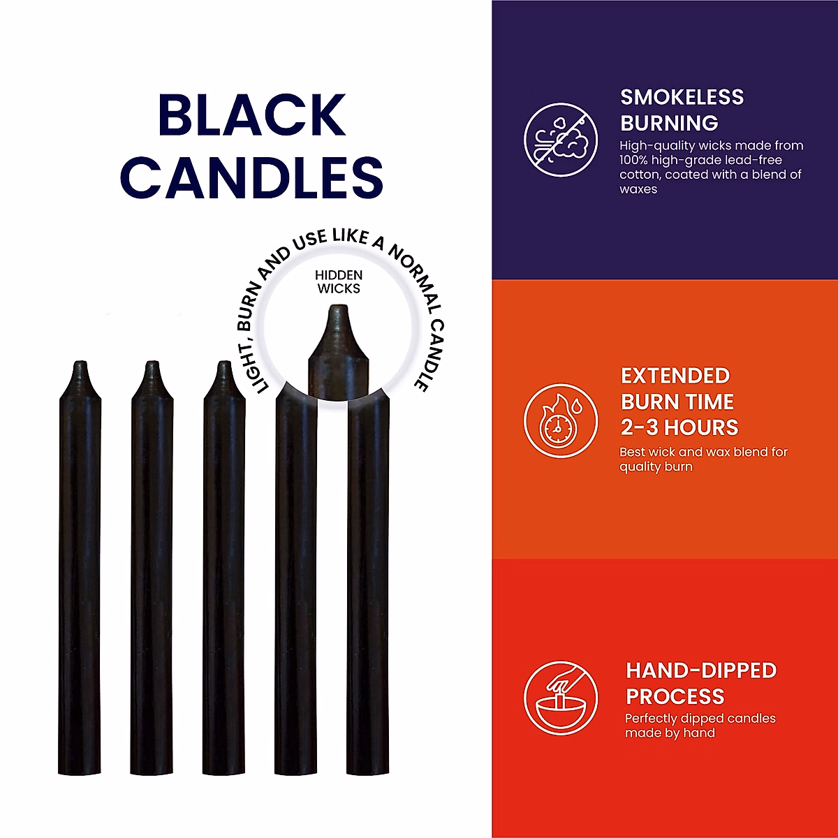Black Candles for Spells - Black Spell Candles - 48 Pack, Unscented 5" H X 1/2" D, No Smoke for Spell, Chime, Birthdays, Parties, Wicca Wiccan Supplies - Free Candle Spells E-Book
