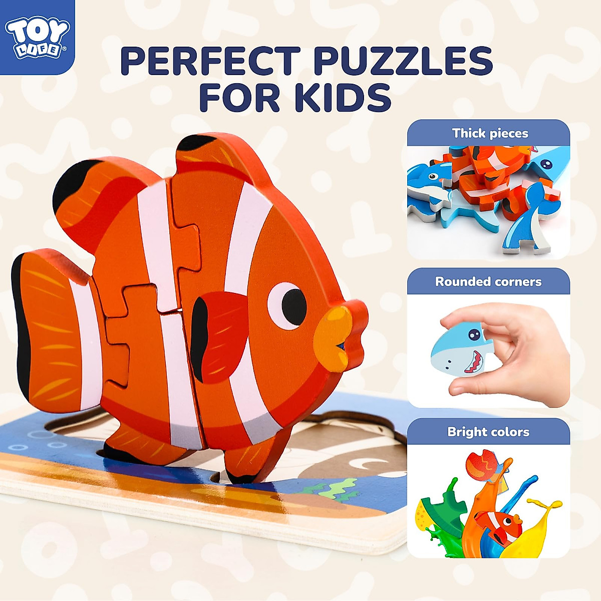 TOY Life Wooden Puzzles for Toddlers 2-4, Sea Animals Toddler Puzzles, Puzzles for Toddlers 1-3, Wood Puzzles Educational Montessori Toys Gifts for 1 2 3 Year Old, Baby Puzzles Kids Learning Toy