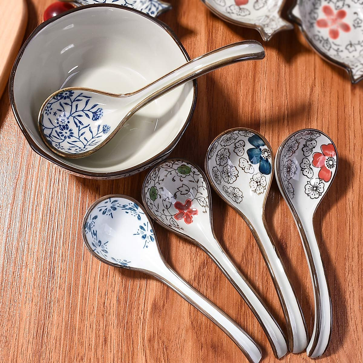 Japanese and Korean Ceramic Soup Spoons set of 5, Hand-Painted, Curved Spoons, Long Handle Rice Spoons
