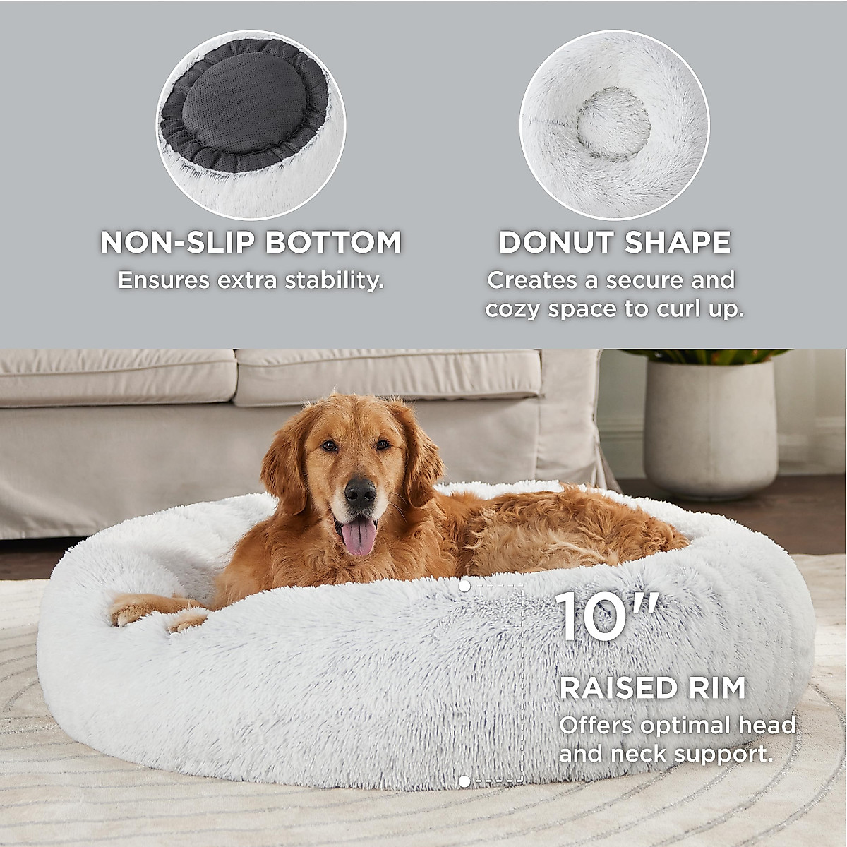Bedsure Calming Dog Bed for Extra Large Dogs - Donut Washable Large Pet Bed, 45 inches Anti-Slip Round Fluffy Plush Faux Fur Dog Bed, Fits up to 125 lbs Pets, Frost Grey