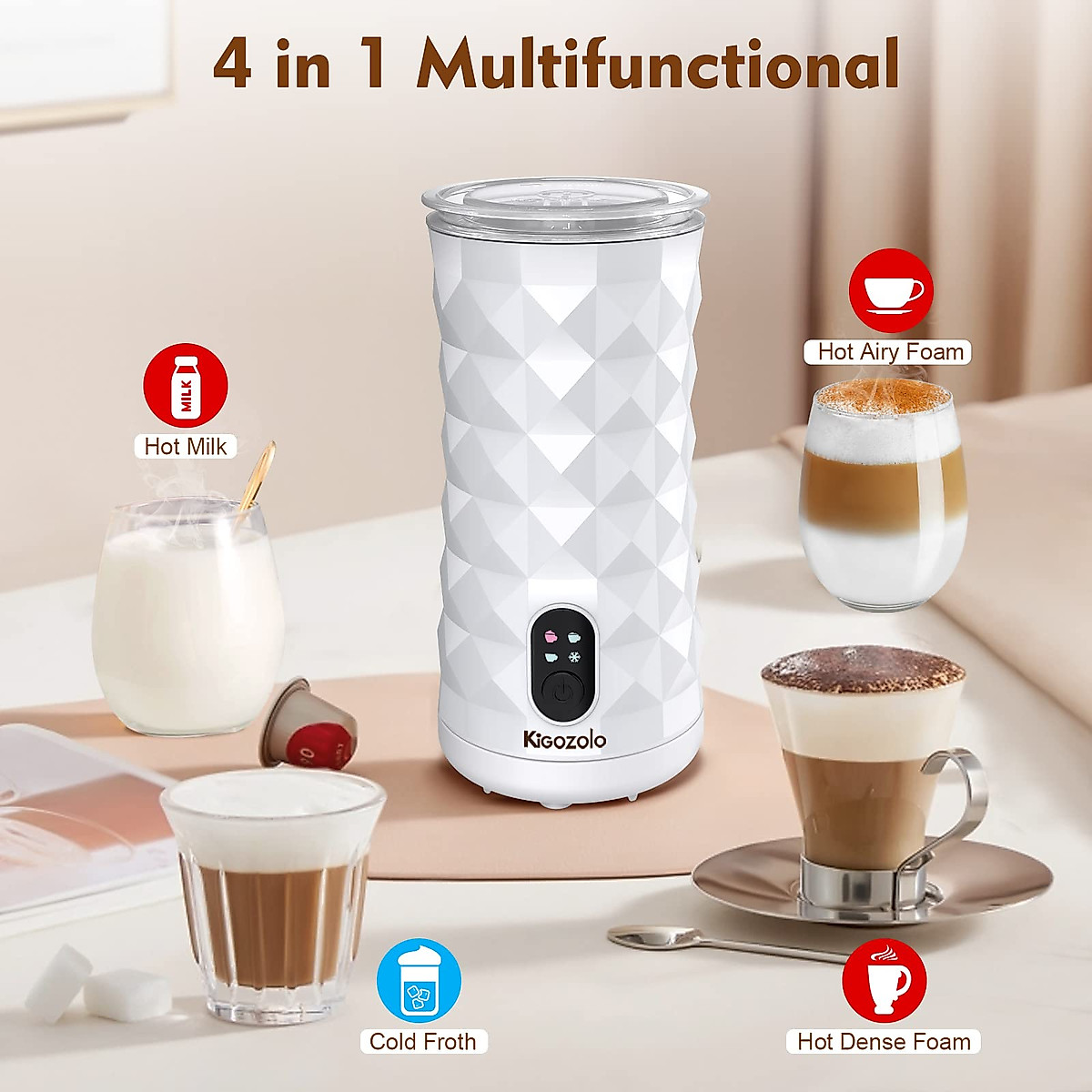 KIGOZOLO Milk Frother Steamer 4 in 1 Electric Coffee Frother with Quiet Operation,Effortless Foam,Unique Diamond Design,Temperature Control, and Auto Shut-Off, Perfect for Coffee Lovers(White)