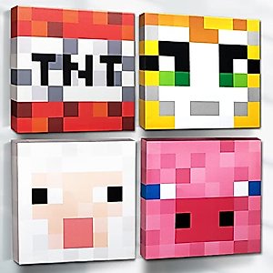 ZHIEND 4-Pack Pixel Video Game Canvas Wall Art, Pixel Face Poster, TNT, Pig Face, Sheep Face, Cat Face, Color Block Print Artwork Stretch Frame,Room Decor, Wall Hanging for Boys Room (Pixel, 12*12IN)