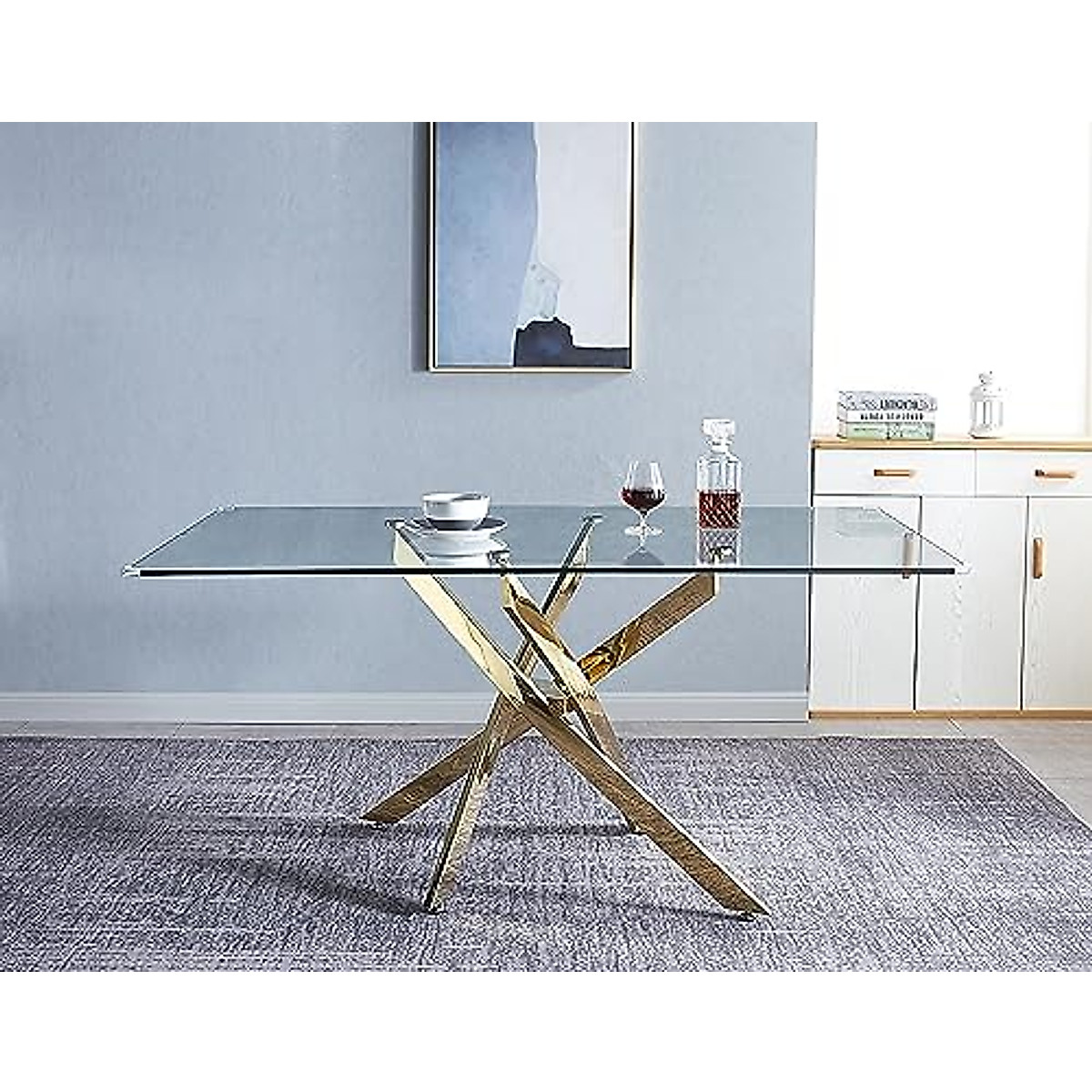 Goderfuu 51 inch Glass Dining Table Set for 4, Modern Dining Room Table with Gold Stainless Steel Base, Contemporary Tempered Glass Rectangle Dining Table, Kitchen Dining Room Tables Dinner Table