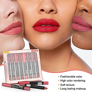 evpct 8Pcs Nude Pink Beige Ruby Rose Red Brown Mauve Matte Lipstick and Lip Crayon Lip Liner Pencil Pen Set for Women labial labiales mate magicos 24 horas originales pintalabios permanente 24 horas