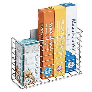 mDesign Metal Hanging Shelf-Adhesive Kitchen Storage Organizer Basket Bin - For Bags, Tin Foil, Wax Paper, Saran Wrap - Hardware Included, Solid Steel, 2 Pack - Chrome
