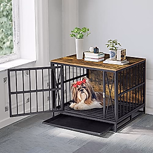 Furniture Style Dog Crate, 32" Wooden Dog Kennel with Tray and Lockable Door, Dog Cage End Table for Small & Medium Dogs, Rustic Dog Crate House Cage Indoor