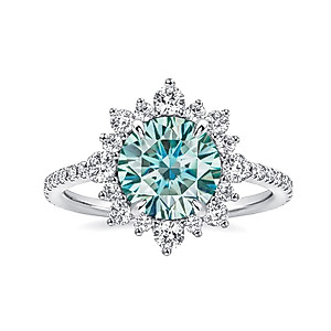 Effinny Moissanite Engagement Ring Snowflake Design Halo Round Cyan Blue Promise Ring for Her 925 Sterling Silver 18K White Gold Plated Anniversary Ring (Size : 7)