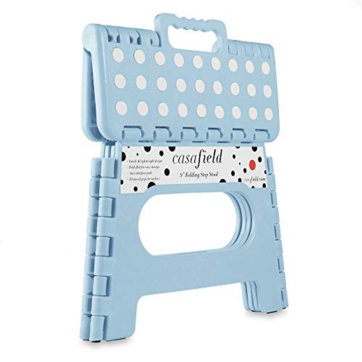 Casafield 9" Folding Step Stool with Handle, Blue - Portable Collapsible Small Plastic Foot Stool for Kids and Adults - Use in The Kitchen, Bathroom and Bedroom