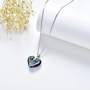 Shusukue Wave Necklace 925 Sterling Silver Heart Blue Crystal Necklace Surfer Beach Jewelry Gifts Ocean Summer Jewelry Gifts for Women