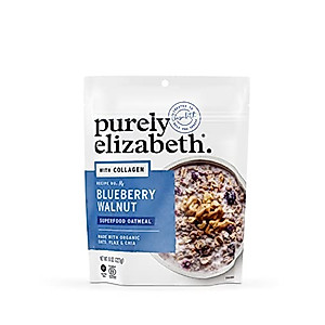 Purely Elizabeth, Blueberry Walnut, Superfood Oatmeal Pouch 8oz (8oz Bag), Collagen, Gluten-Free, Organic Oats
