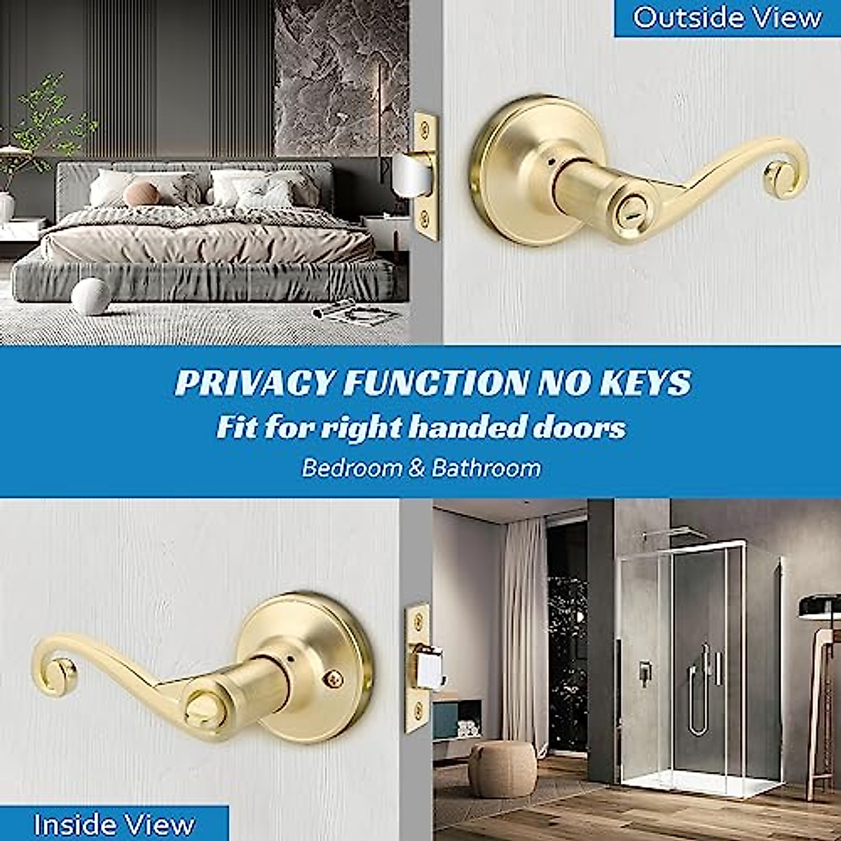 Bonpoly 5 Pack Gold Door Handles, Satin Brass Door Handle, Wave Handle Privacy Door Lever Bed/Bath Door Lockset, Right Handing