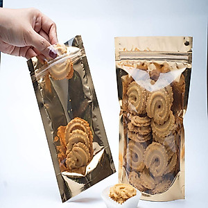 Casavani 100 Pieces Resealable Mylar Zip Lock Food Storage Bags with Clear Window Smell Proof Aluminum Foil Pouch in 3 Sizes - Small, Medium and Large Gold 4x6 inches, 5x6 inches, 6x8.5 inches