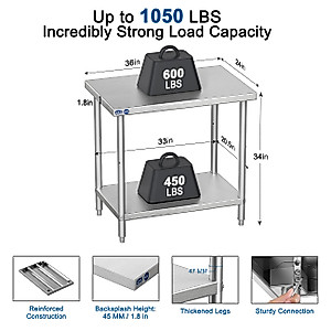 Leteuke Stainless Steel Prep Table, NSF Metal Work Table, SUS201 Commercial Heavy Duty Table with Adjustable Undershelf, Food Prep Table for Restaurant Kitchen - 36" x 24" x 34"