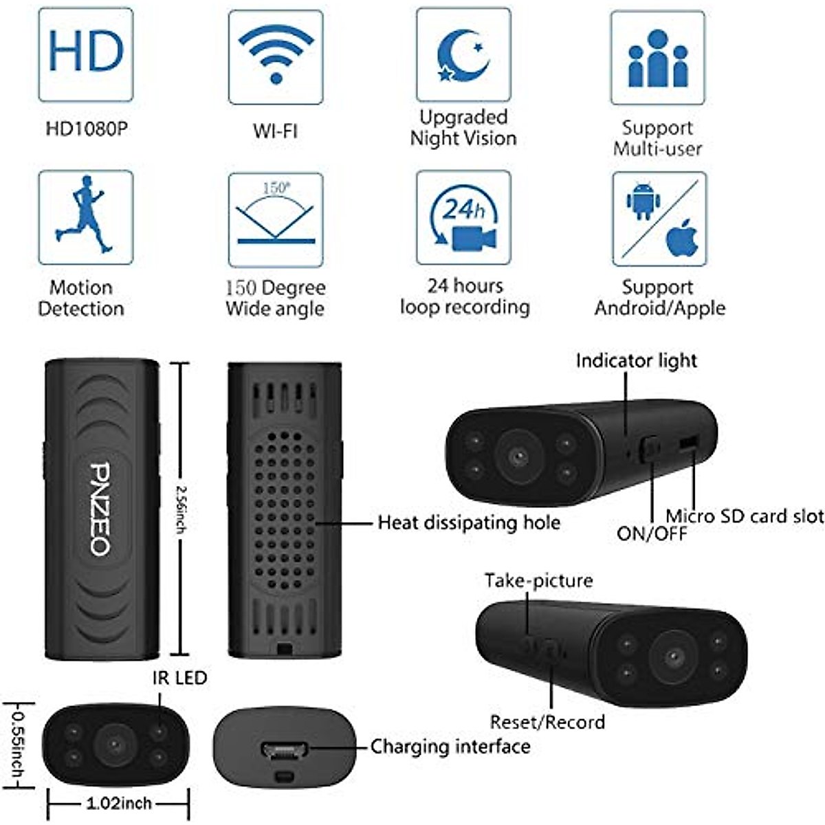 PNZEO W3 Mini Hidden Camera Portable Wireless WiFi Remote View IP Camera Super Small Home Security Cameras P2P Indoor Outdoor Video Record Smart Spy Camera