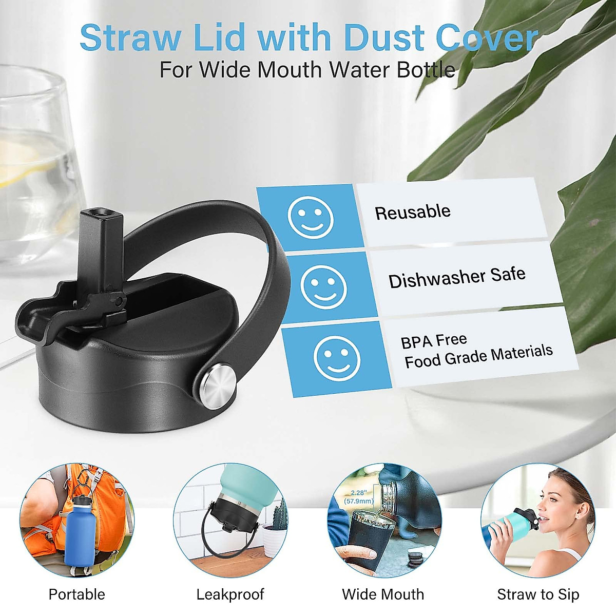 EIPOSAU Straw Lid for Hydro Flask Wide Mouth 12 18 20 32 40 64oz, Lids with Straw Fit for Hydro Flask Sports Water Bottles with Dust Cover, Flexible Handle Replacement Lid Straws Cap Top Accessories