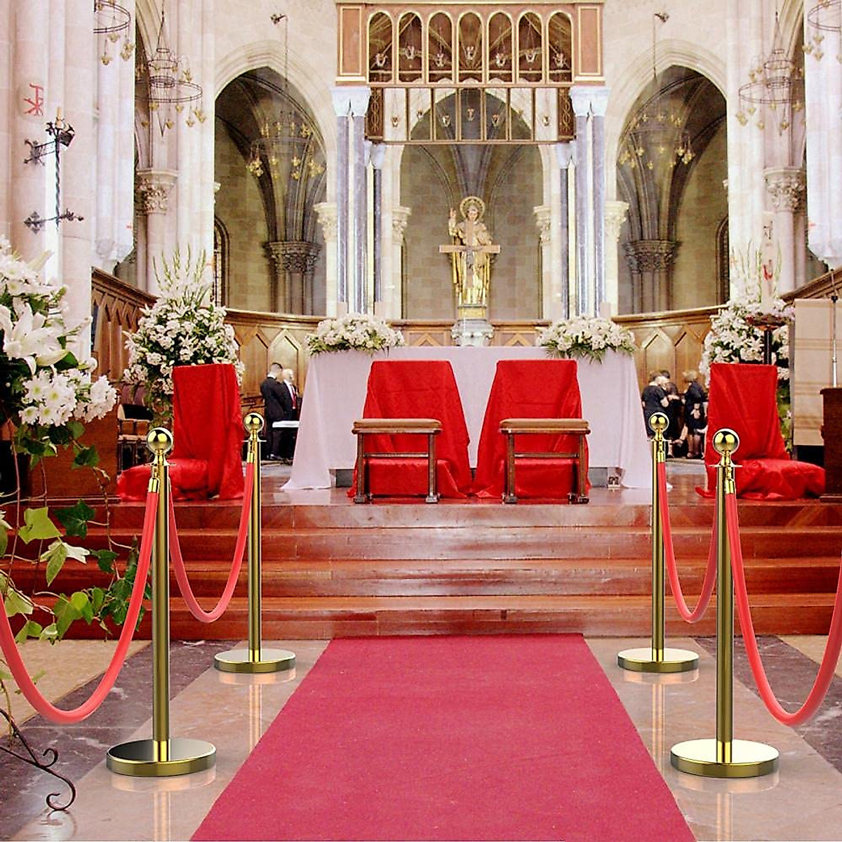 Yaheetech 2pcs Stainless Steel Stanchion Posts - 6.6FT Extended Red Velvet Rope Retractable Barriers Ropes Safety Barriers Set with Stable Base for Party Supplies Theater Hotels Clubs Museums, Gold