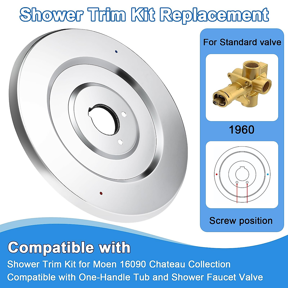 Escutcheon Replacement, for 16090 Moen Chateau Collection Shower Trim Kit, Compatible with One-Handle Tub and Shower Faucets, Chrome