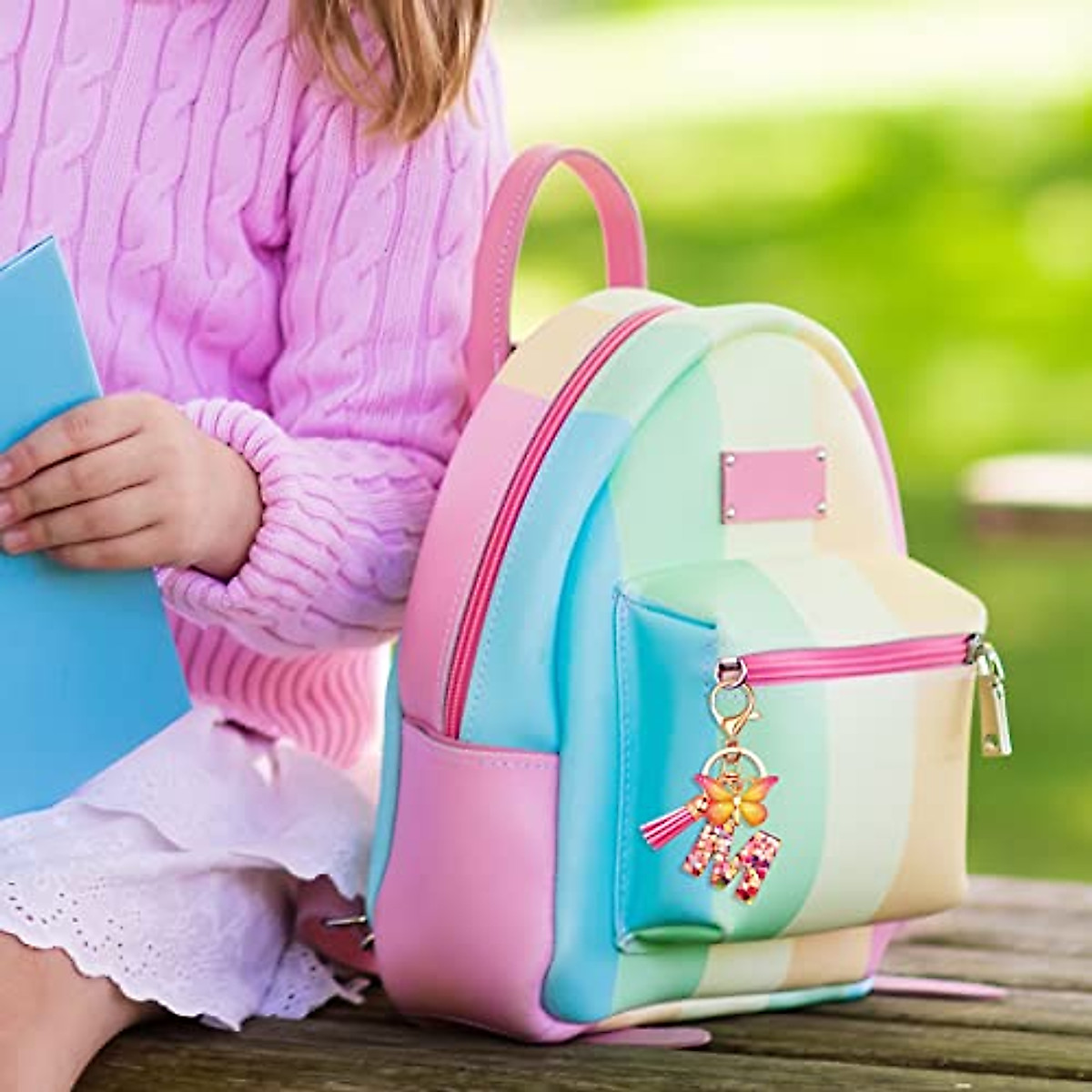 JINGUAZI Initial letter Keychains for Women Tassel Butterfly Pink Cute Car Keychain for Wallet Purses Backpack (Pink M)