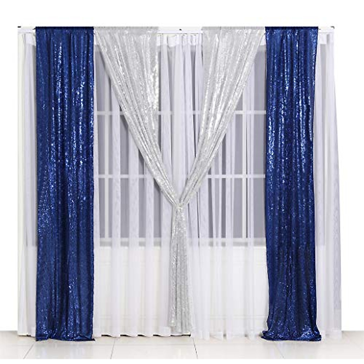 SquarePie Sequin Curtain 2FT x 8FT Navy Blue 2 Panels Backdrop for Wedding Party Independence Day