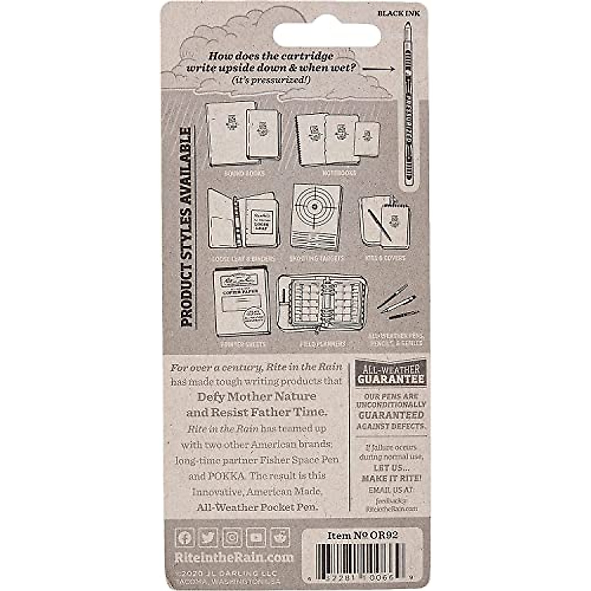 Rite in the Rain All-Weather EDC Pen, Orange POKKA 2-Pack, Black 0.9mm Ink, Fine Point (No. OR92)