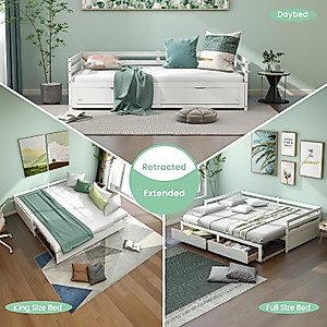 KOMFOTT Wood Daybed with Trundle, Extendable Twin to King Daybed Frame with 2 Storage Drawers, Space Saving Dual-use Sofa Daybed for Bedroom, Guest Room, No Box Spring Required (White)