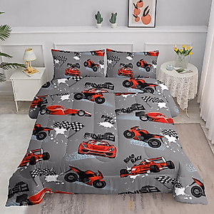 Axolotl Kid Comforter Set Twin Size,Racing Car Bedding Set for Boys Girls Teen Kids Children Car Racing Gifts,Race Cars Quilt Bed Set with 1 Comforter 2 Pillowcases,Red Grey
