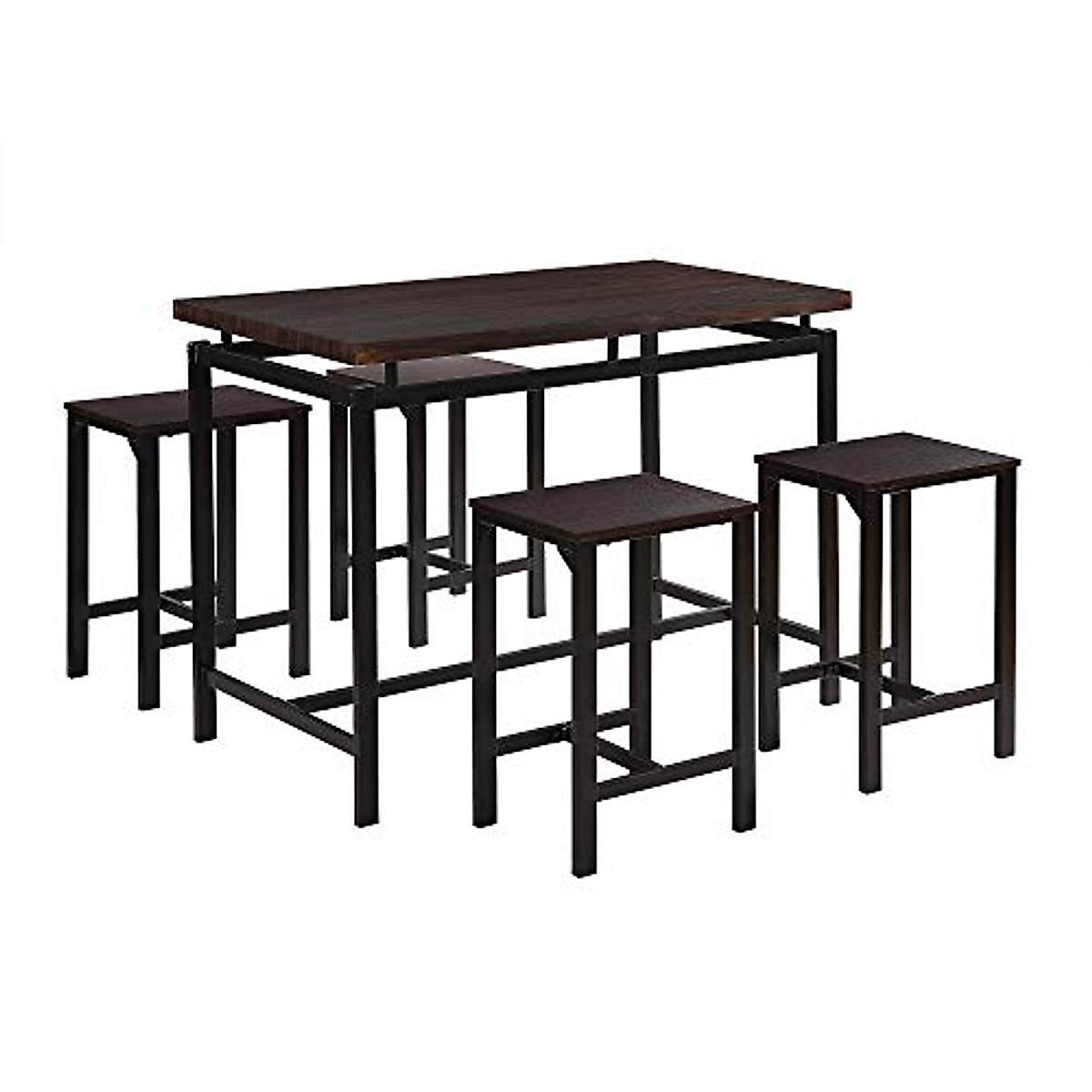 Bar Table and Chairs Set, Kitchen Dining Table Set, 5 Piece Dining Set Wood and Metal Pub Table with 4 Bar Stools, Dining Table Set Home Kitchen Breakfast Table (Espresso +Black)
