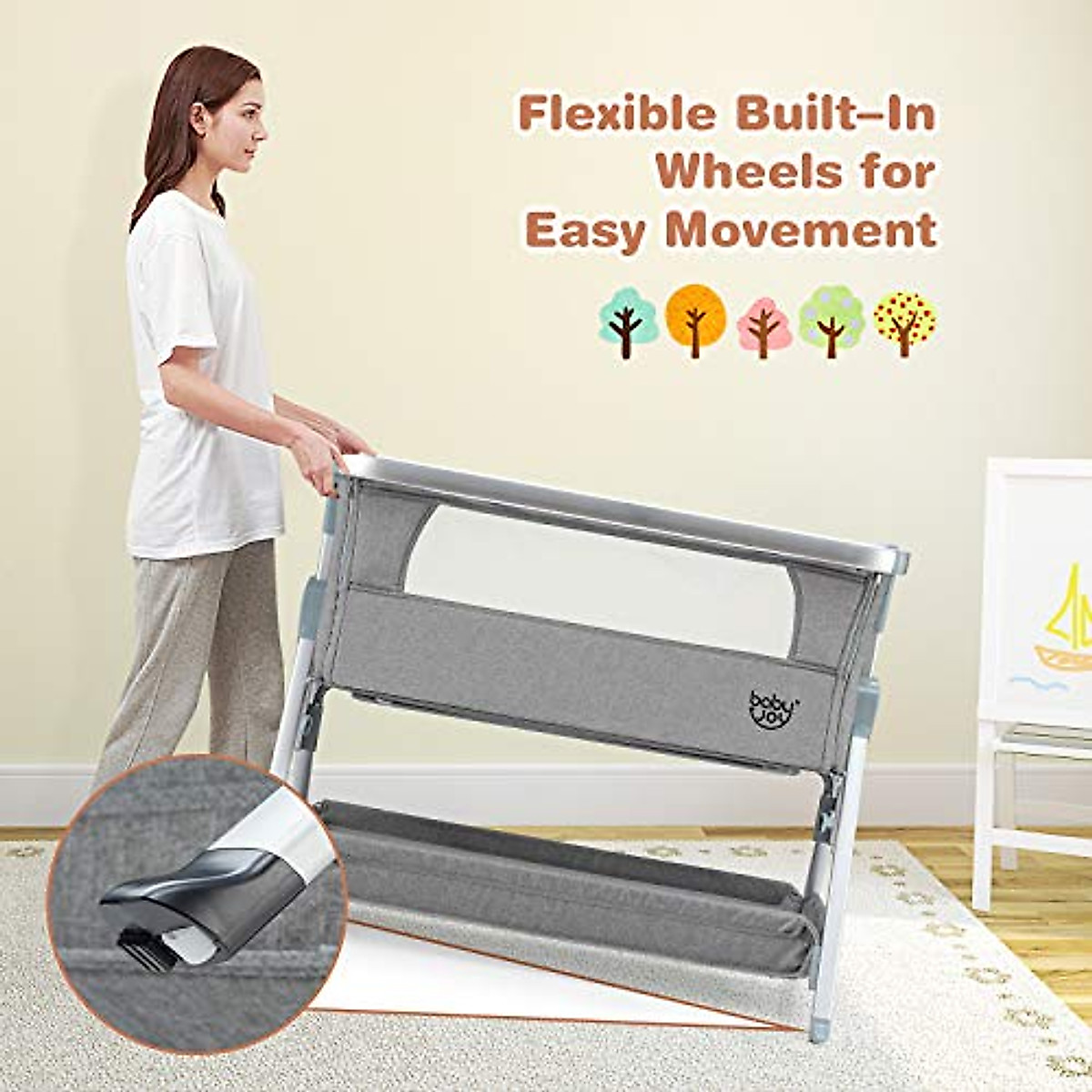 BABY JOY Bedside Bassinet, Portable Baby Crib w/Mattress, Two-Side Breathable Mesh, 7 Height Adjustable, Large Storage, Wheels for Easy Movement, Crib for Newborn Infant, Bassinet for Baby, Grey