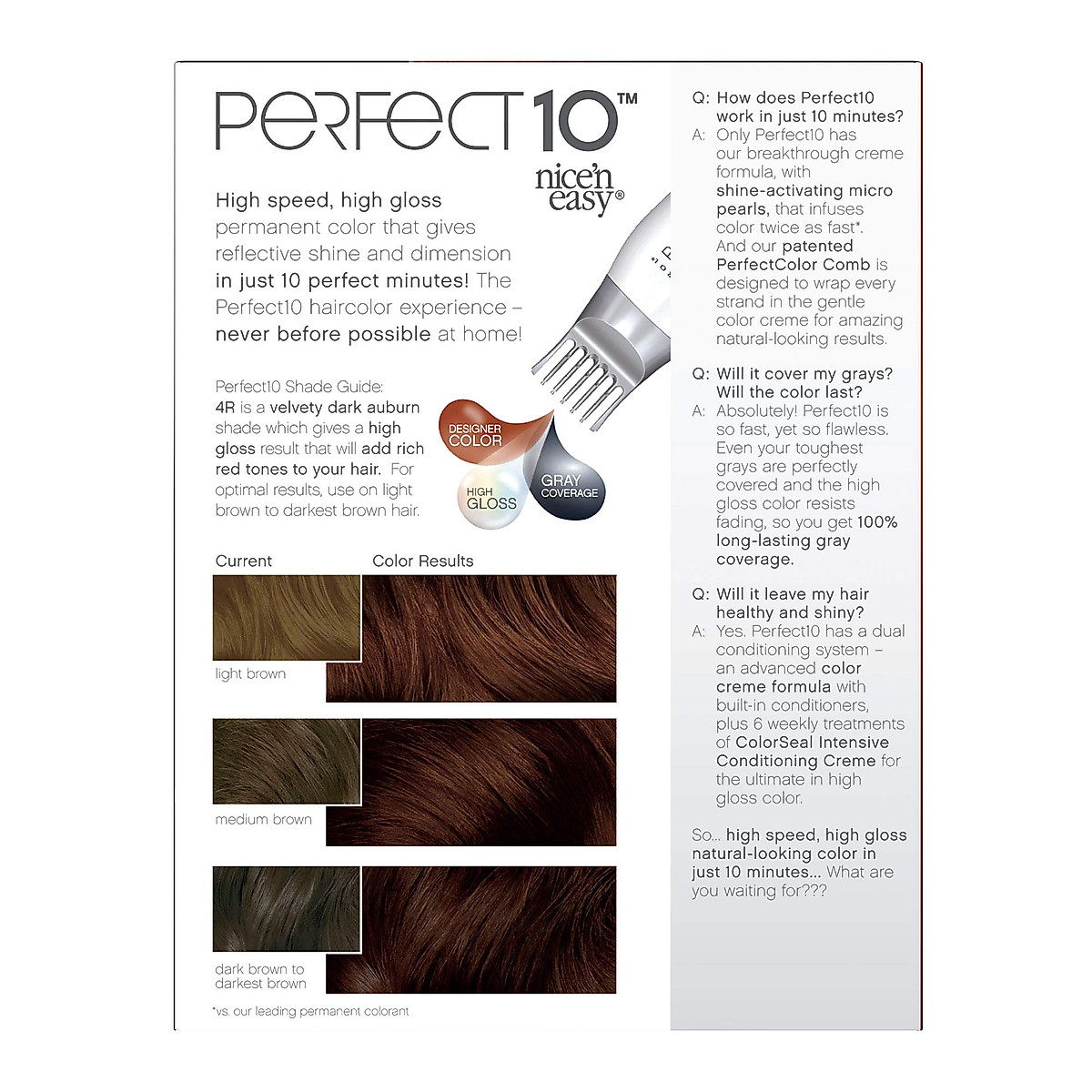 Clairol Nice‘n Easy Perfect 10 Permanent Hair Dye, 4R Dark Auburn Hair Color, Pack of 1